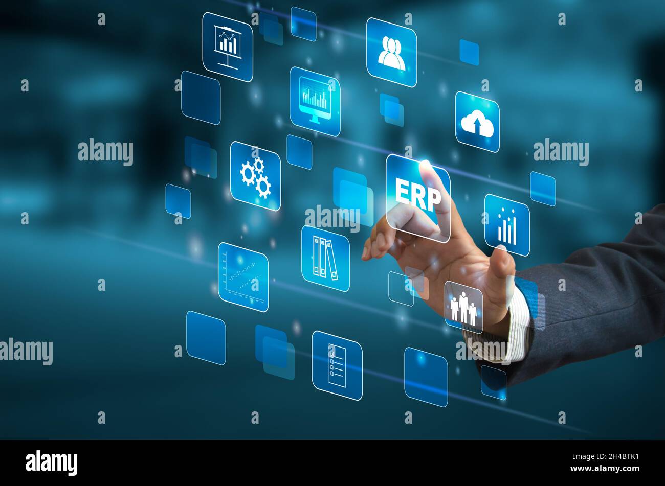 Businessman touching on virtual screen icon business ERP. Enterprise ...