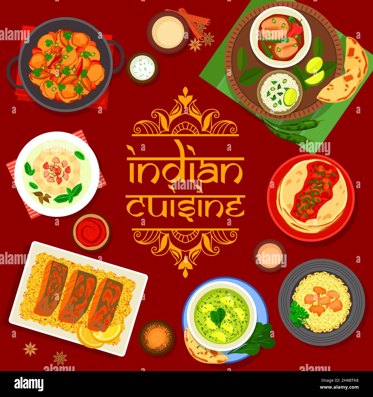 Indian cuisine restaurant menu cover with vector frame of rice, fish ...