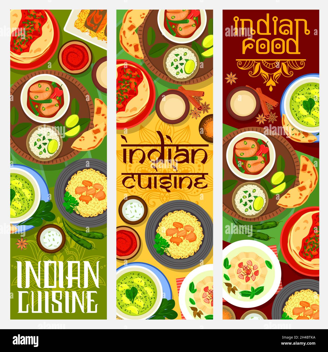 Indian cuisine spice food vector banners of rice and vegetable dishes ...