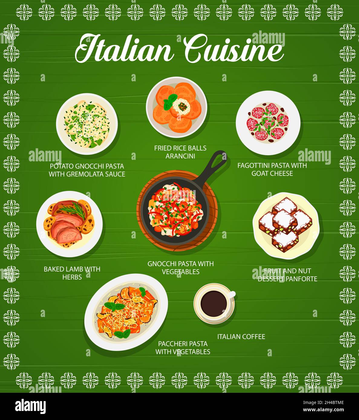Italian cuisine menu, vector dishes of pasta with vegetables, meat and ...