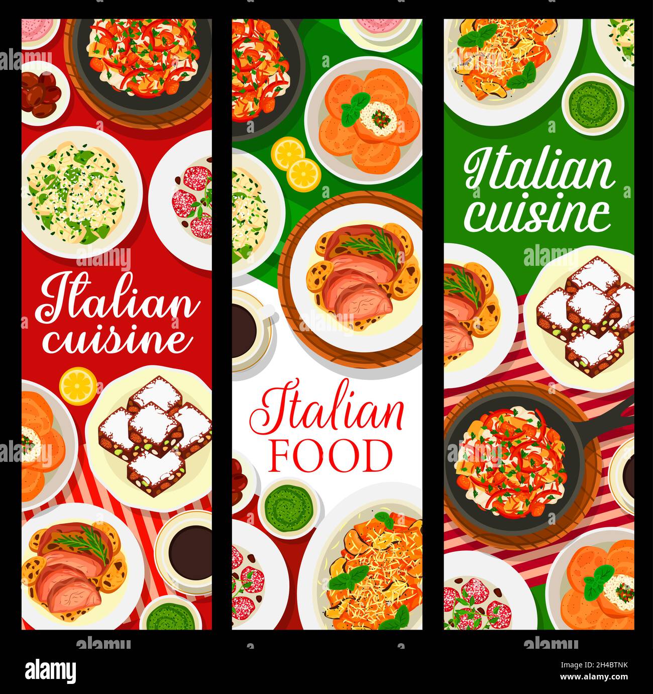 Italian cuisine vector banners of restaurant pasta dishes with meat and ...