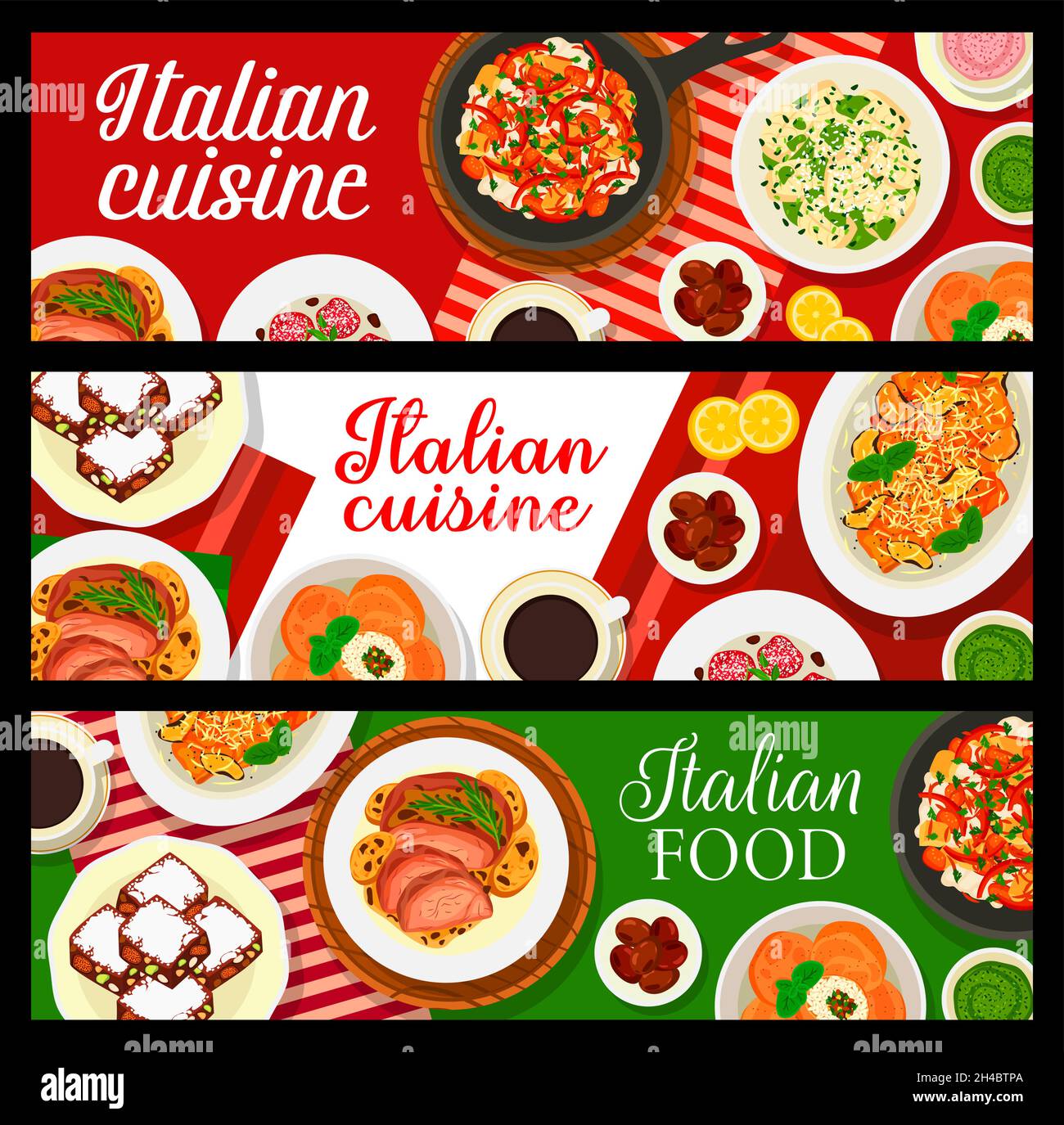 Italian cuisine food vector banners with pasta, vegetables and baked ...