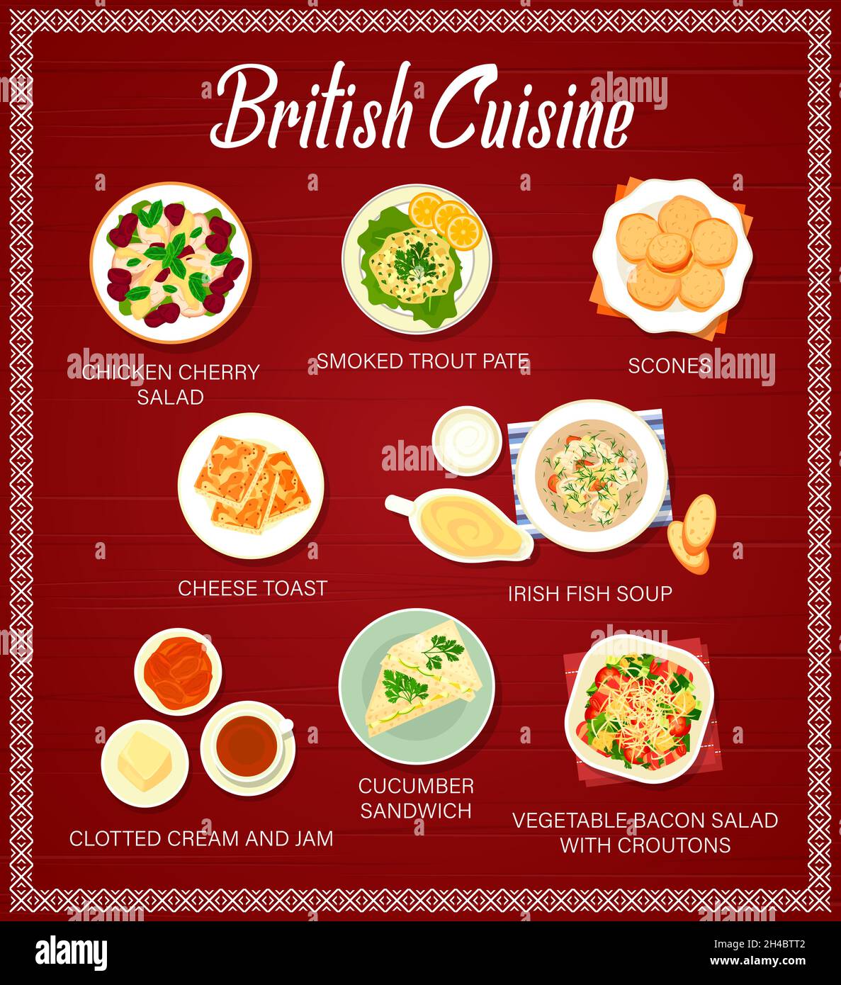 British cuisine menu. Chicken cherry salad, smoked trout pate and ...