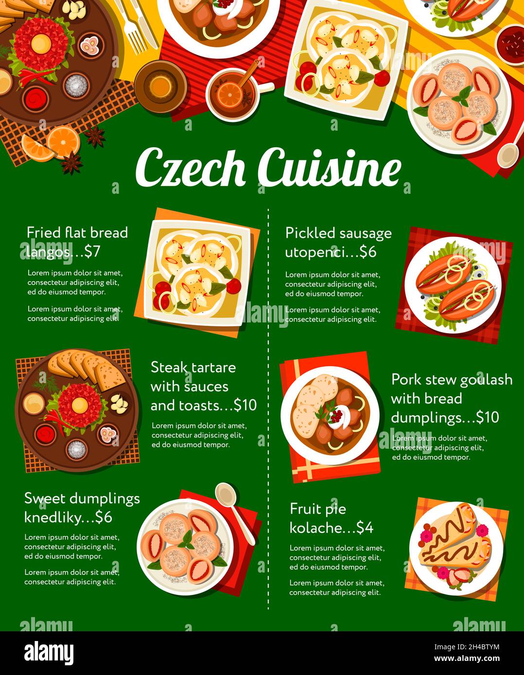 Czech cuisine menu. Sweet dumplings Knedliky, fried flatbread Langos ...