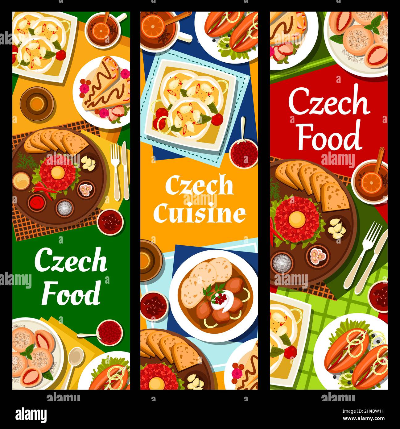 Czech cuisine banners. Steak Tartare with sauces and toasts, fruit pie ...