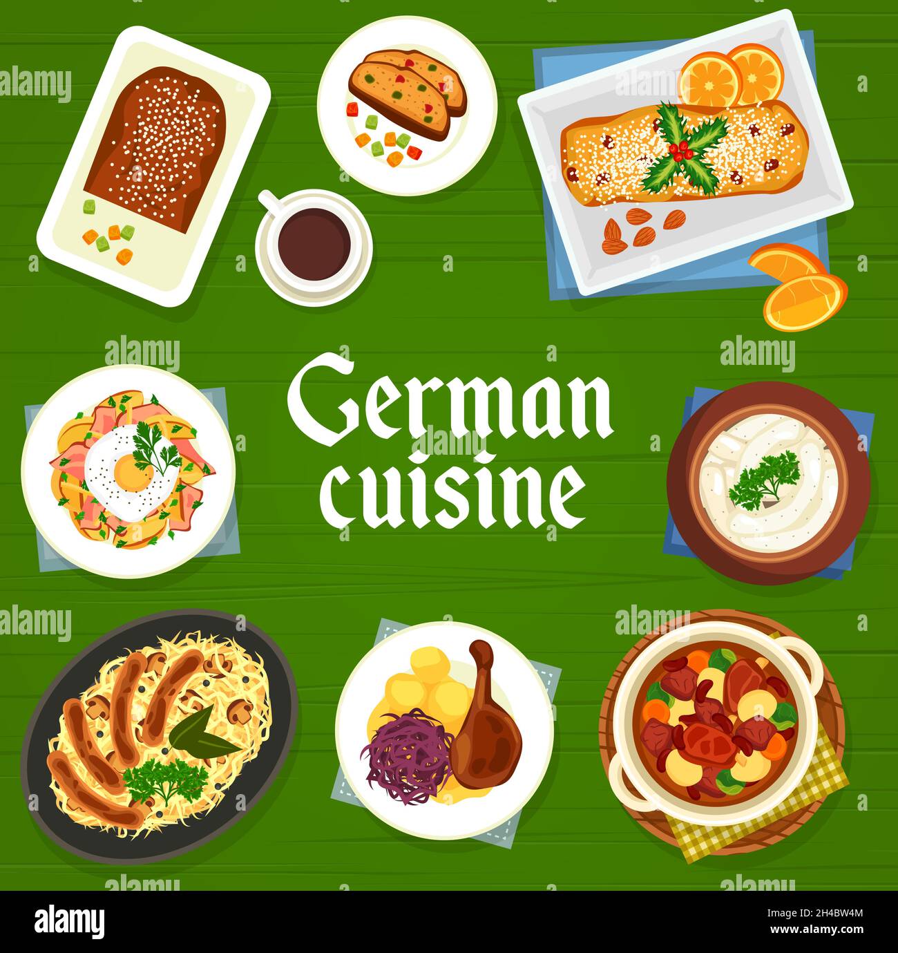 German cuisine menu cover design template. Sausages Weisswurst, fried ...