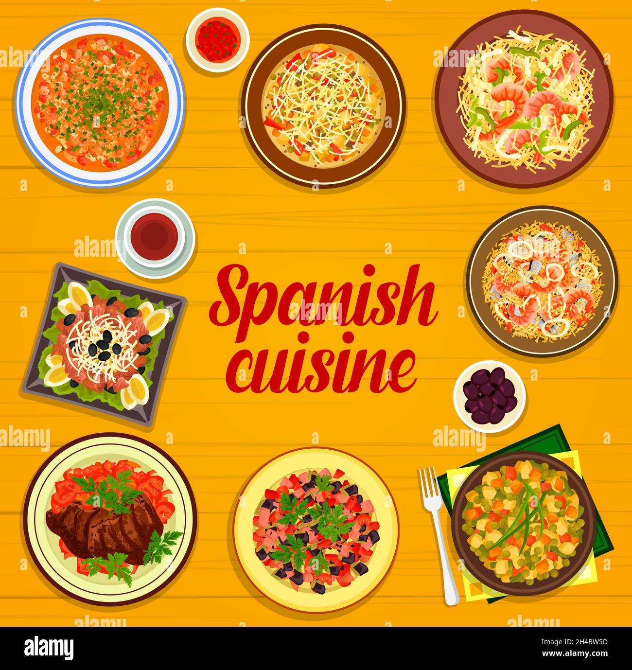 Spanish cuisine menu vector cover with frame of seafood, vegetable and ...