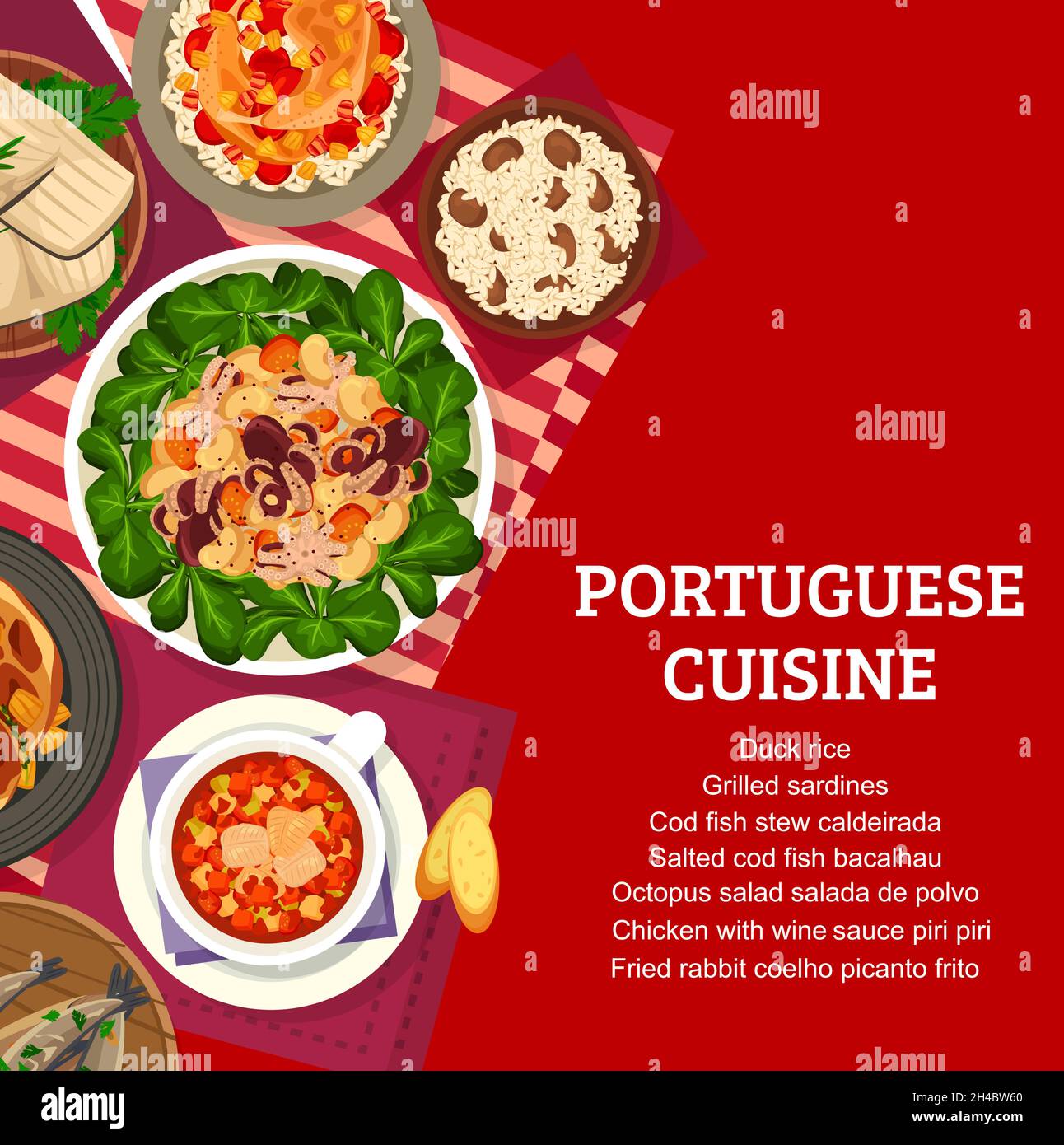 Portuguese cuisine restaurant seafood, meat meals menu cover. Fried ...