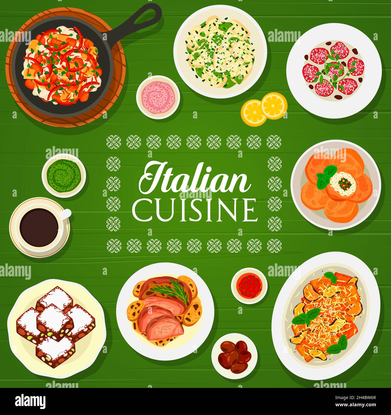 Italian cuisine vector menu cover with pasta, meat and vegetable dishes ...