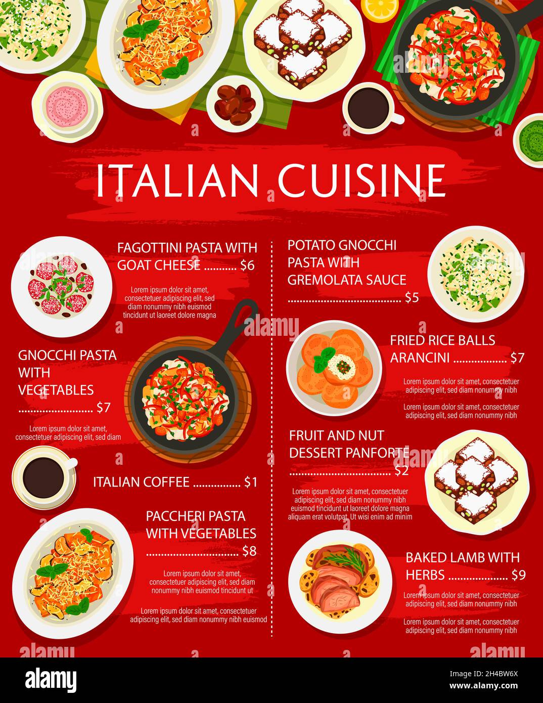 Italian cuisine menu vector design of Italy food, pasta, meat and ...