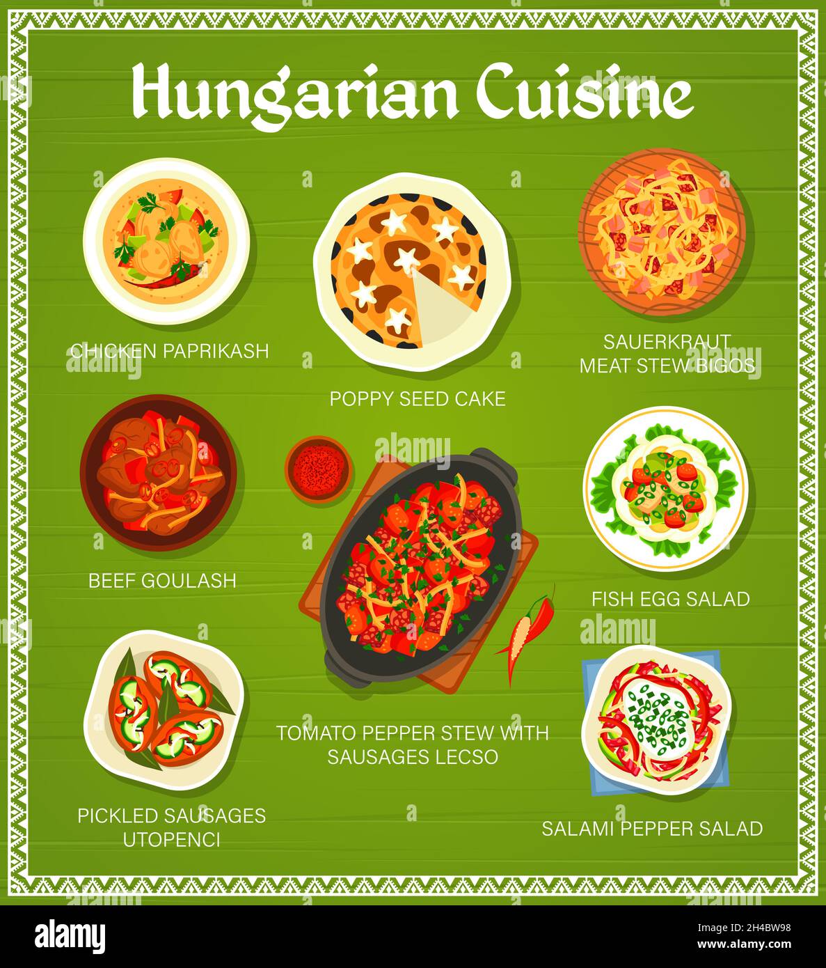 Hungarian cuisine menu. Chicken Paprikash, sauerkraut meat stew Bigos ...