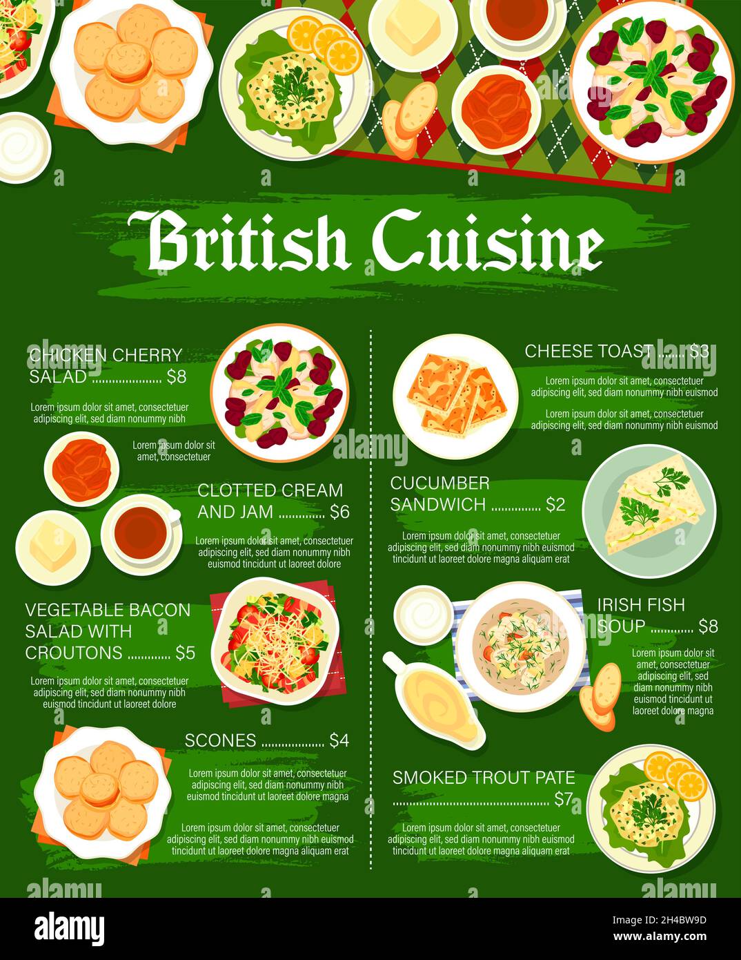 British cuisine menu page template. Irish fish soup, cucumber sandwich ...