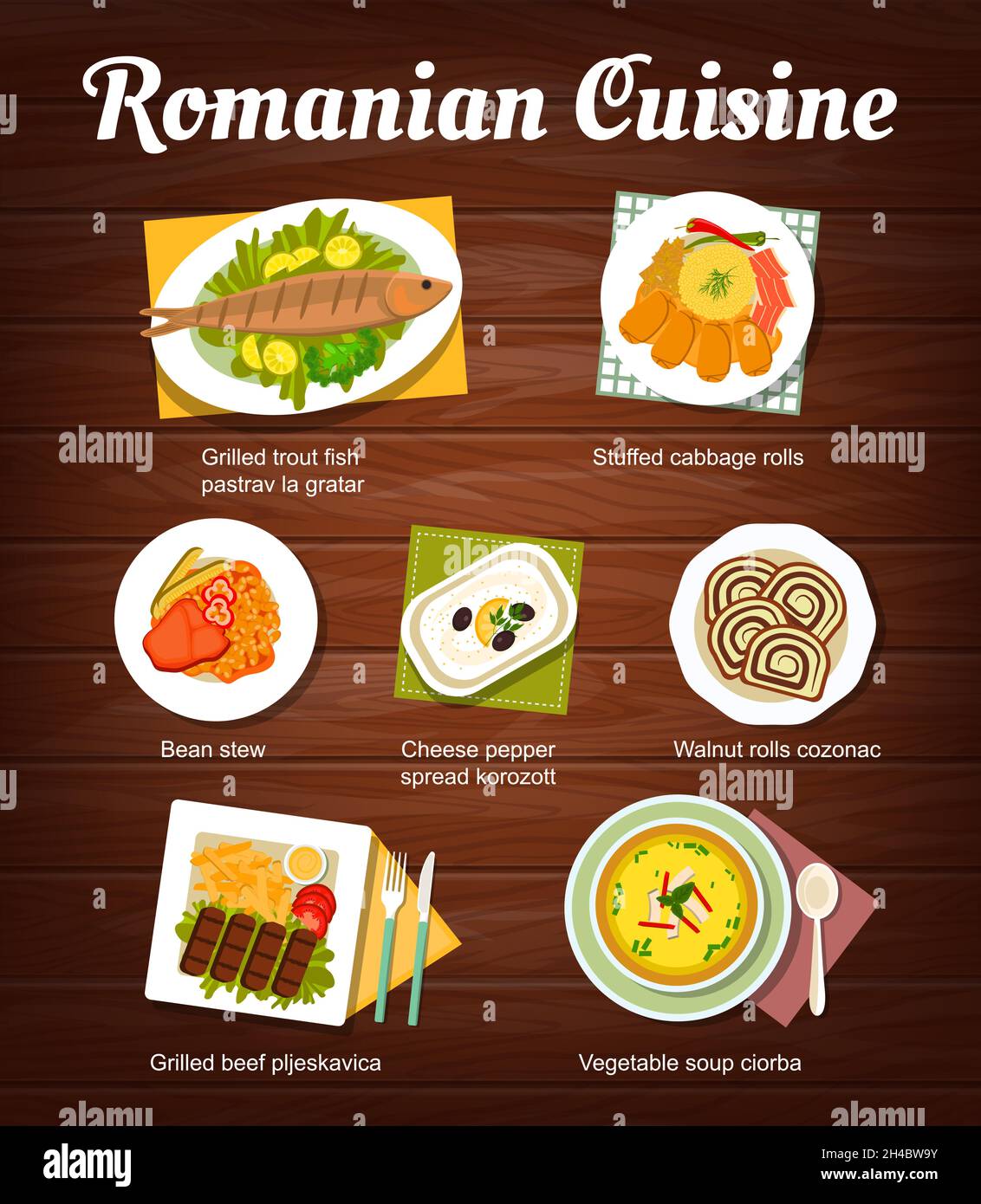 Romanian cuisine menu. Grilled trout fish Pastrav la gratar, stuffed ...