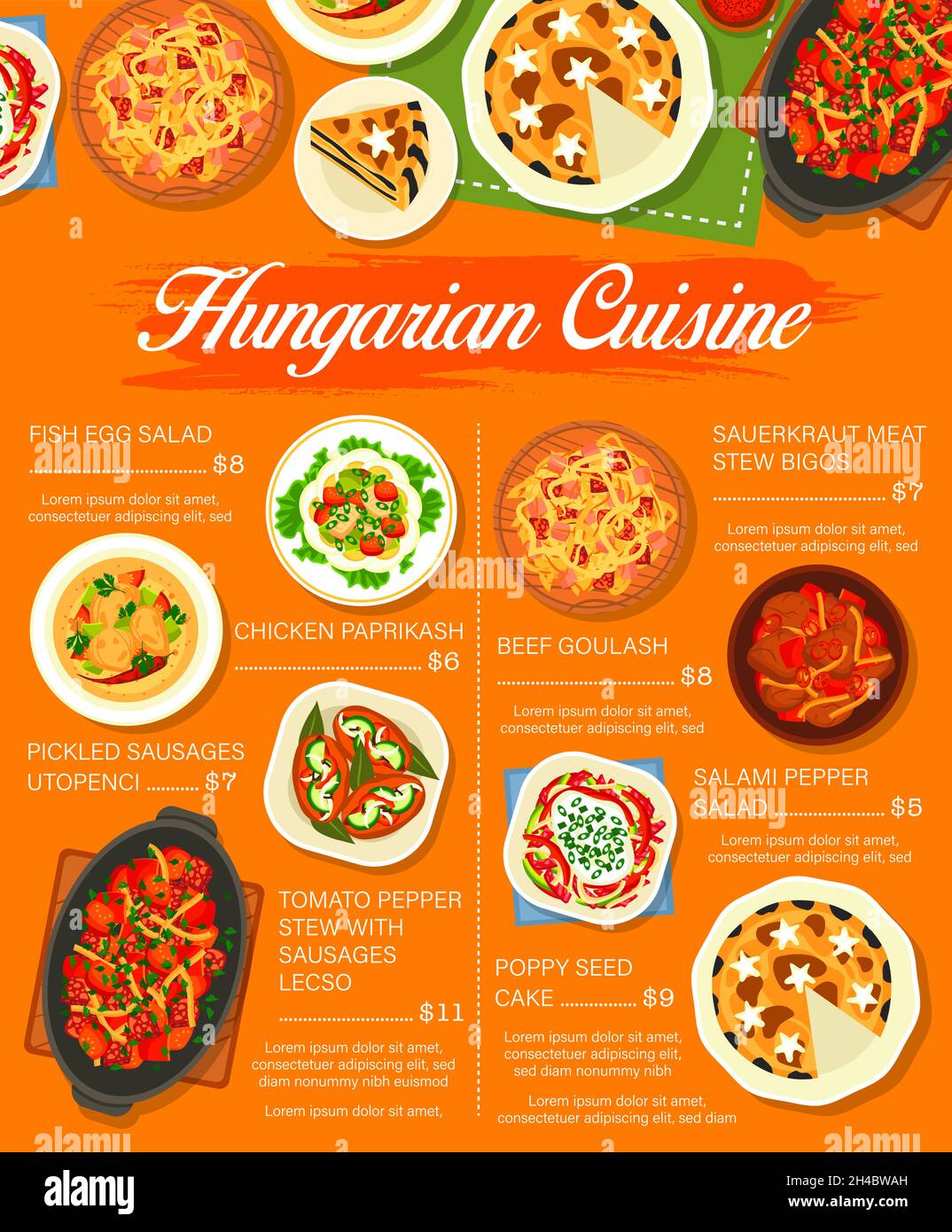 Hungarian cuisine menu. Beef goulash, pickled sausages utopenci and ...