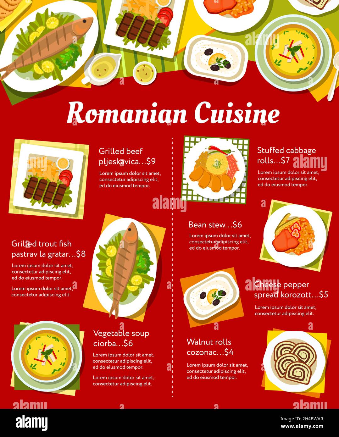 Romanian cuisine menu template. Walnut rolls Cozonac, beef Pljeskavica ...