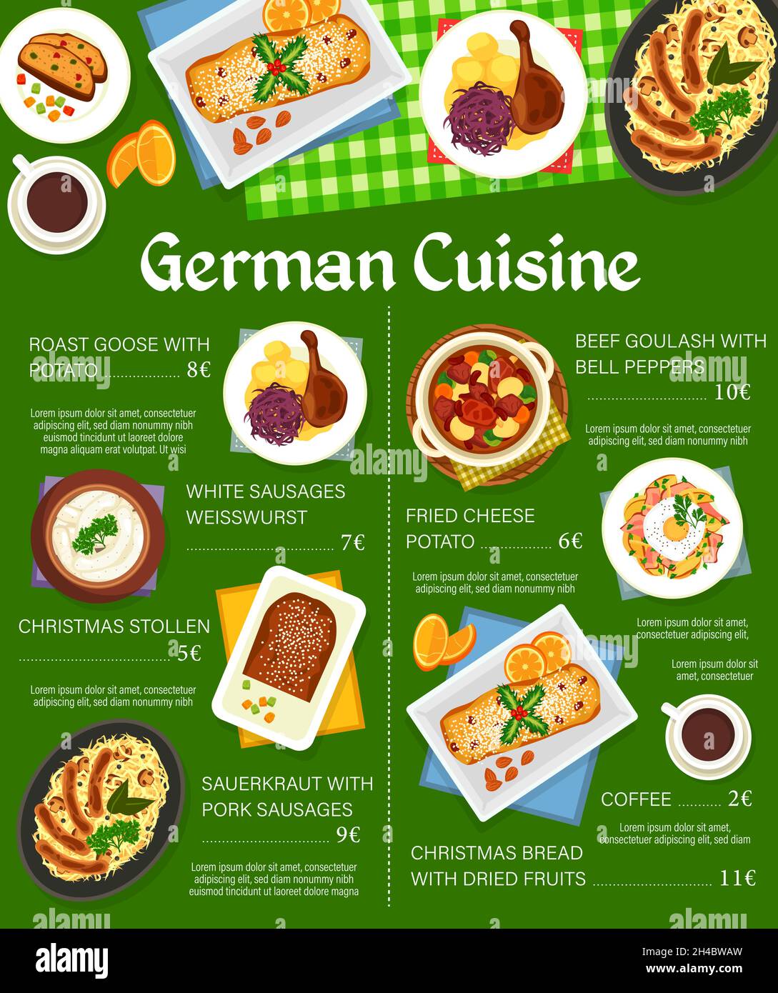 German restaurant meals menu. Fried cheese potato, Christmas bread and ...
