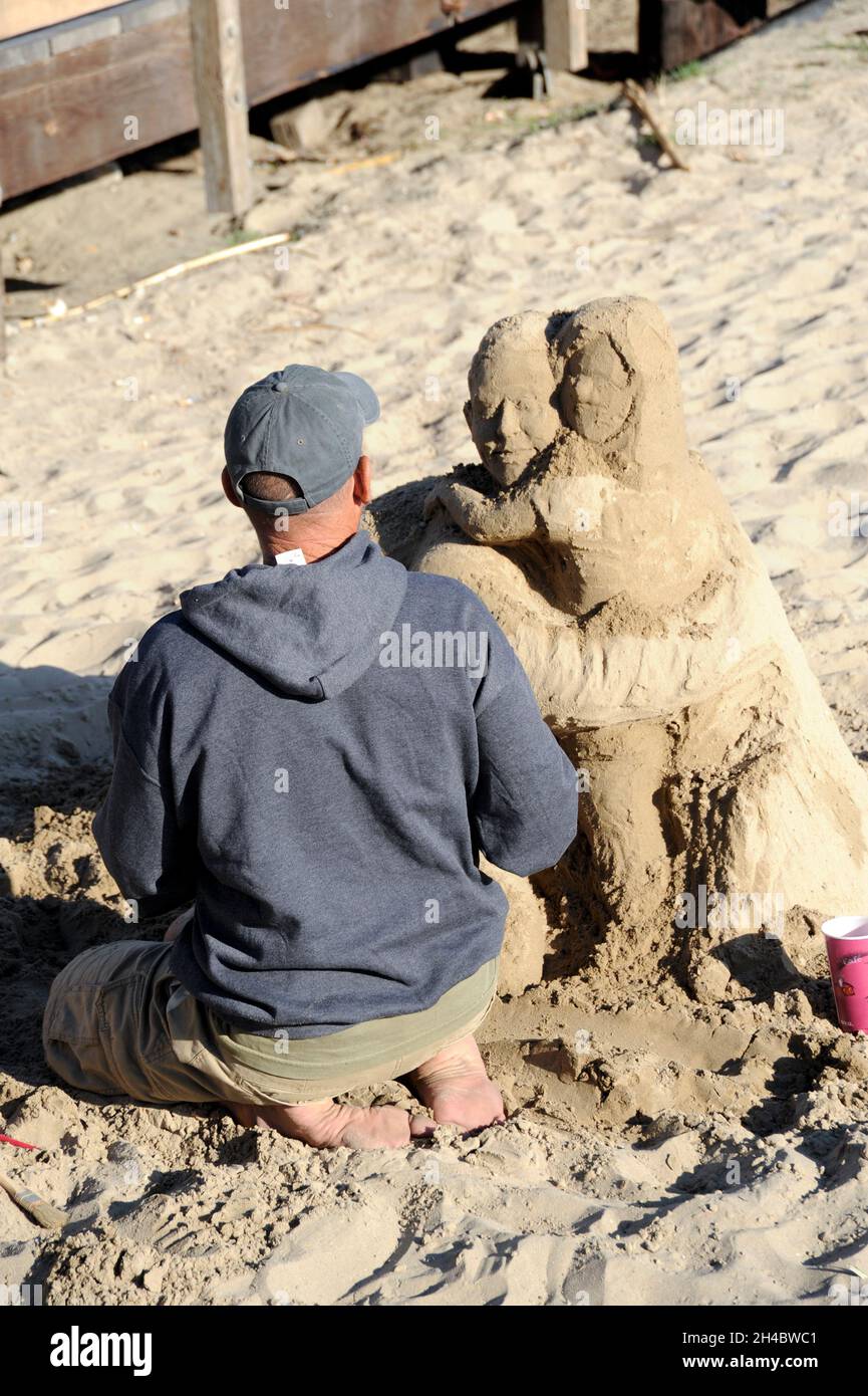Sand art creation formed by an unknown artist at the beach in Santa ...