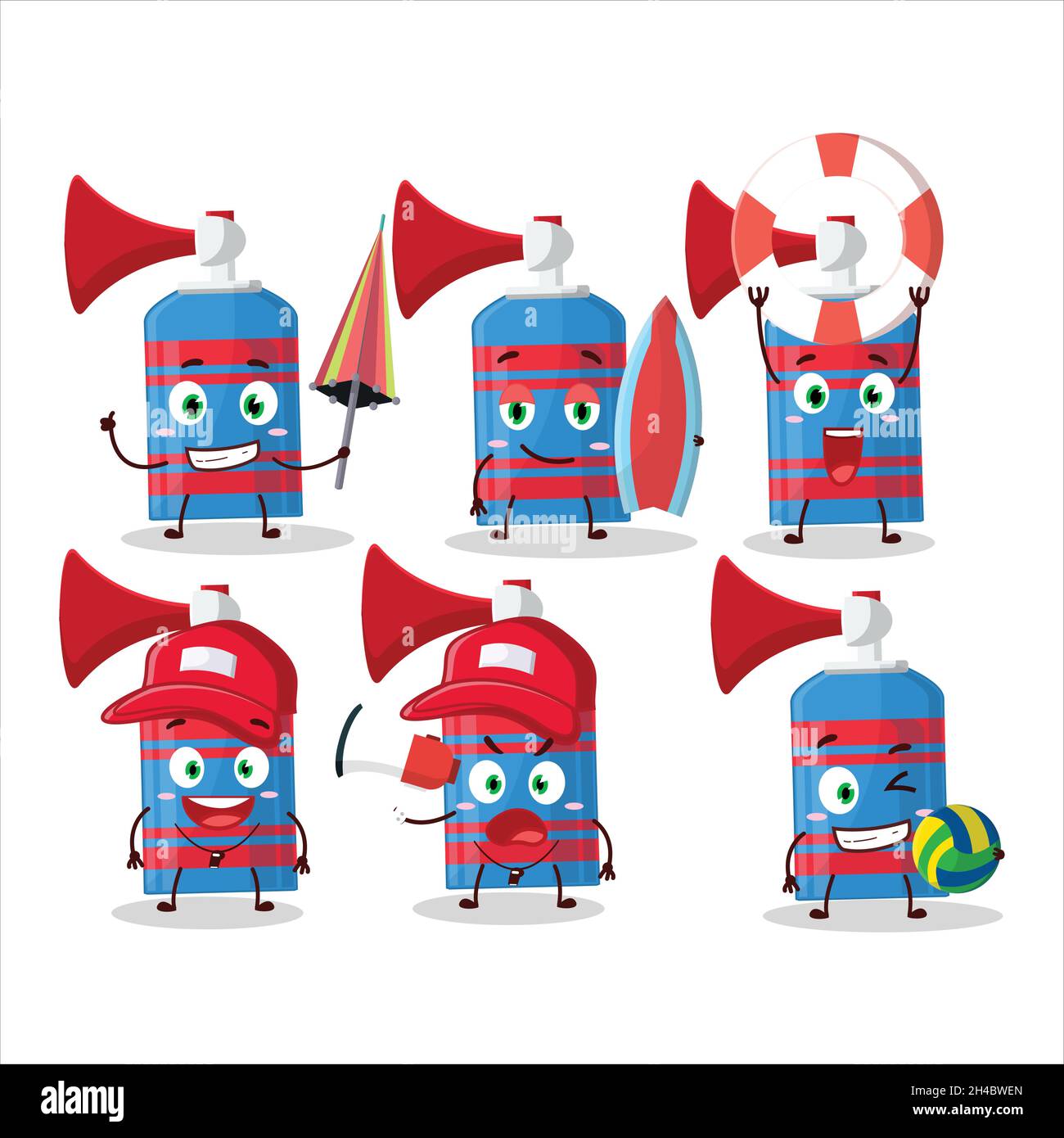 Happy Face blue air horn cartoon character playing on a beach. Vector ...