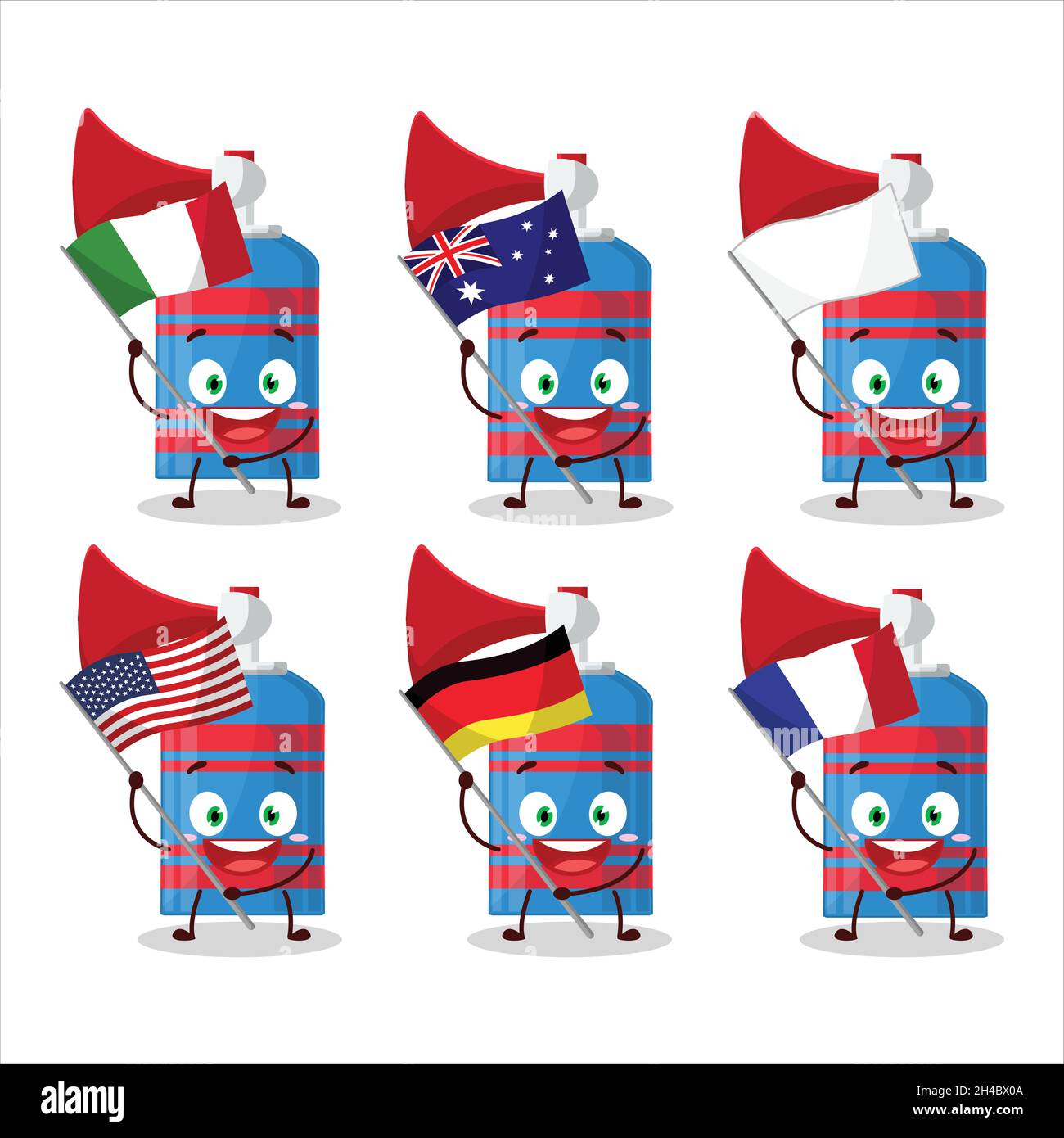 Blue Air Horn Cartoon Character Bring The Flags Of Various Countries