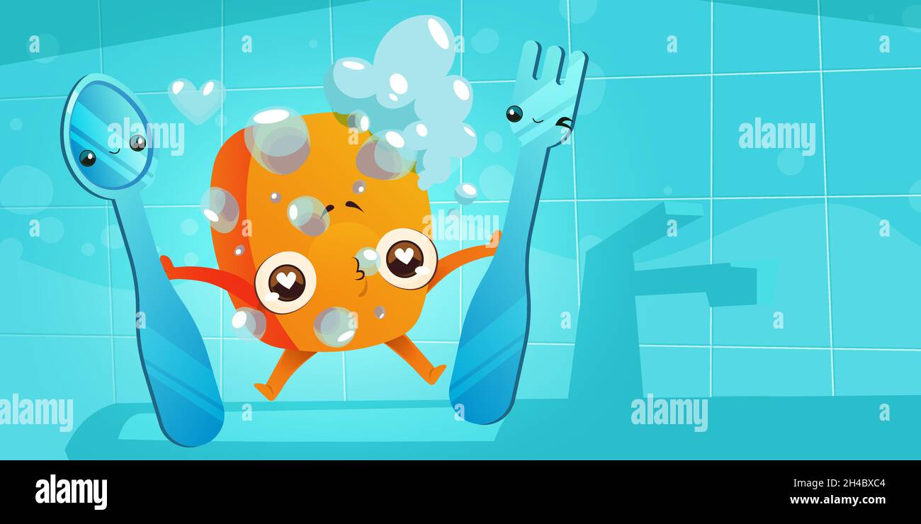 Cute kitchen sponge, spoon and fork characters on background of ...