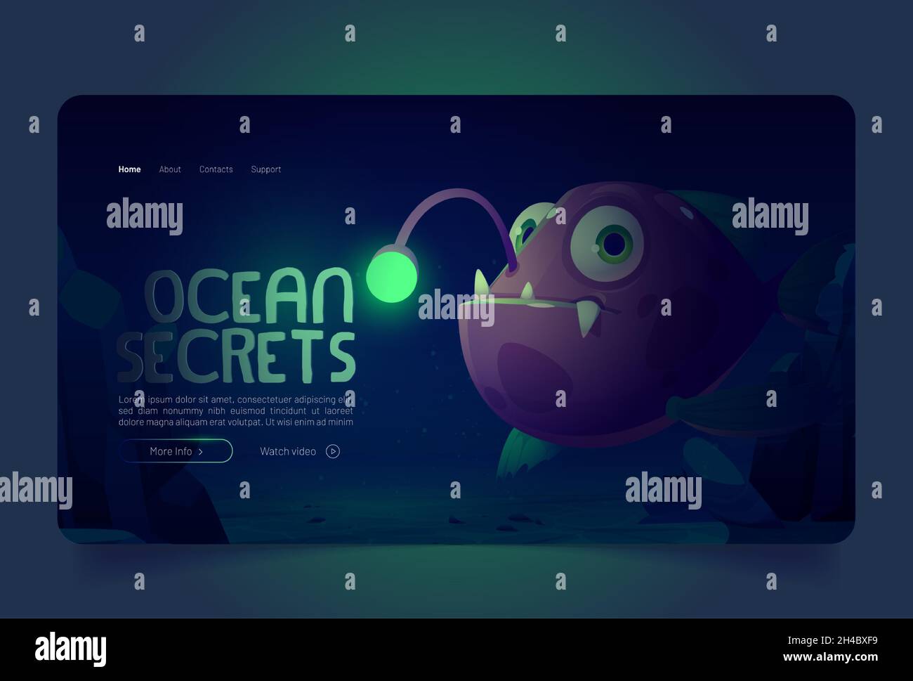 Ocean secrets banner with angler fish under water on bottom. Vector ...
