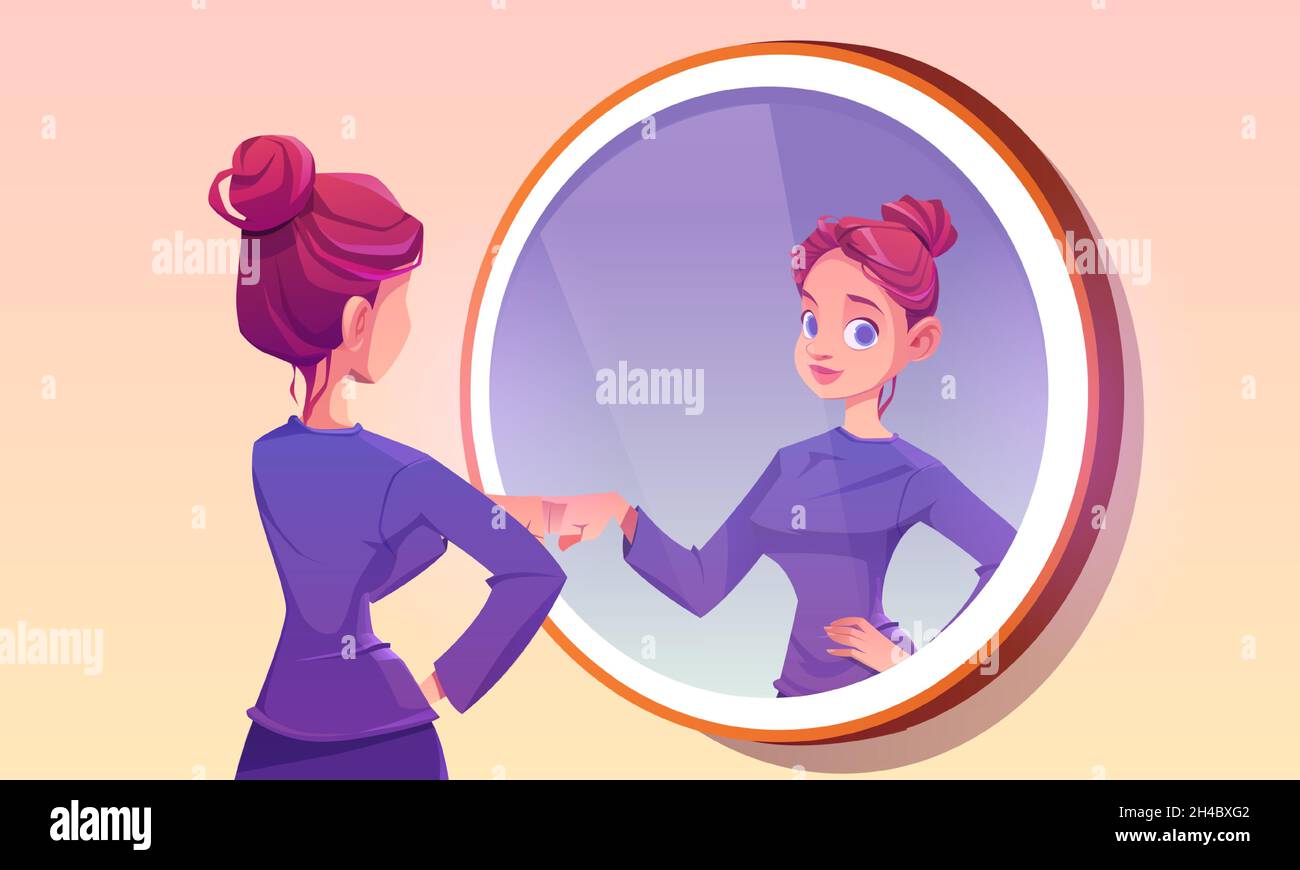 Happy girl looks in mirror and bump her fist with reflection. Vector ...