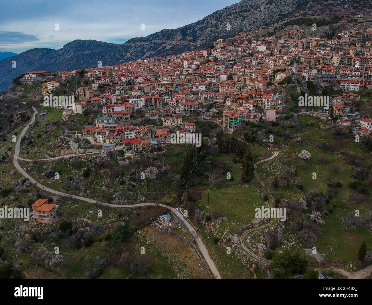 Aerial view of the picturesque village of Arachova, Boeotia, Greece ...