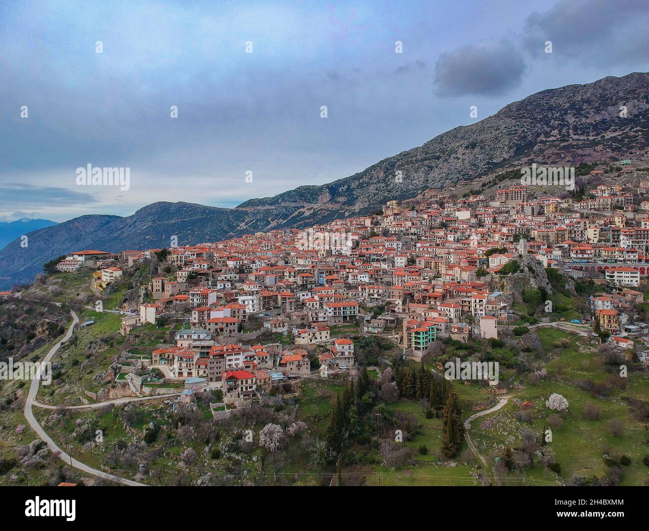 Aerial view of the picturesque village of Arachova, Boeotia, Greece ...