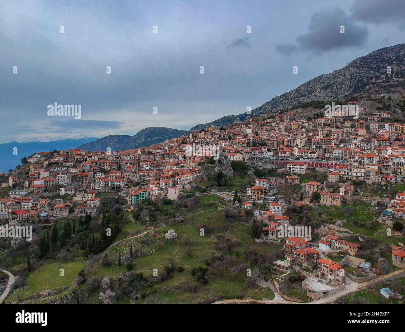 Aerial view of the picturesque village of Arachova, Boeotia, Greece ...