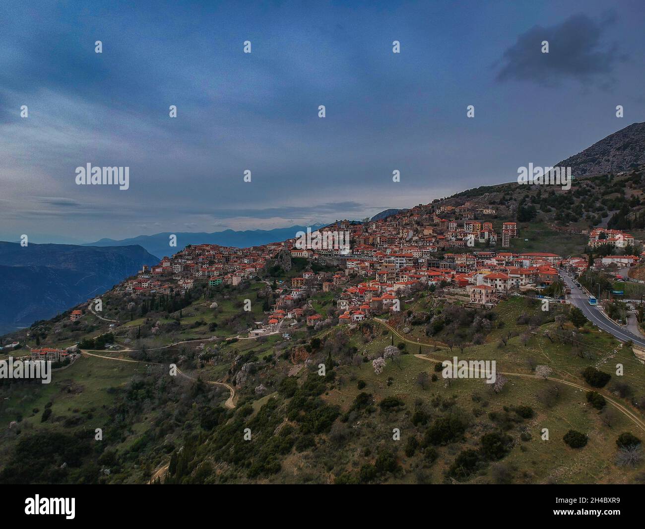 Aerial view of the picturesque village of Arachova, Boeotia, Greece ...