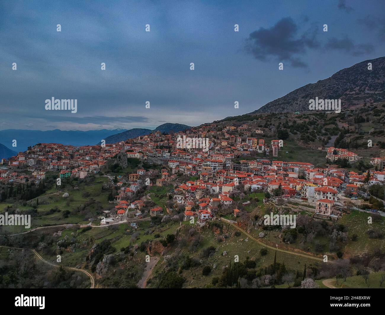 Aerial view of the picturesque village of Arachova, Boeotia, Greece ...