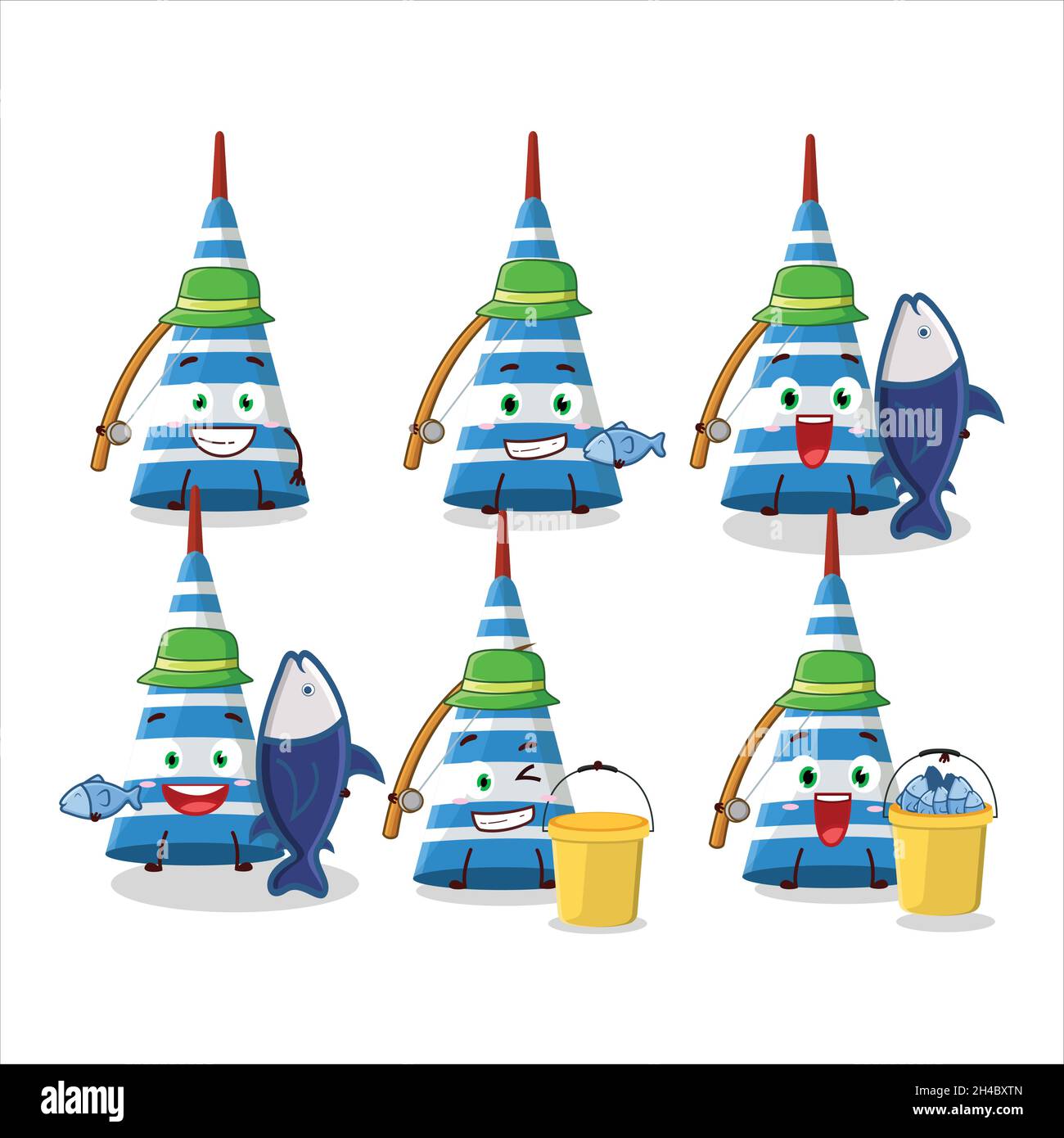 A fisherman blue long trumpet cartoon picture catch a big fish. Vector ...