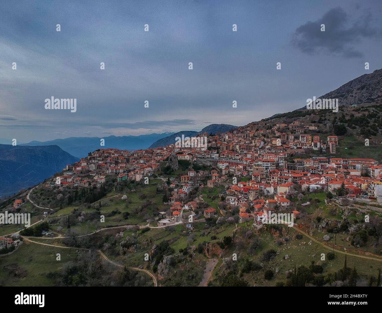 Aerial view of the picturesque village of Arachova, Boeotia, Greece ...