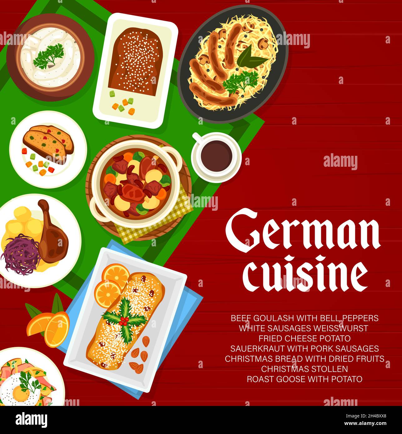 German cuisine menu cover page template. Sauerkraut with pork sausages ...