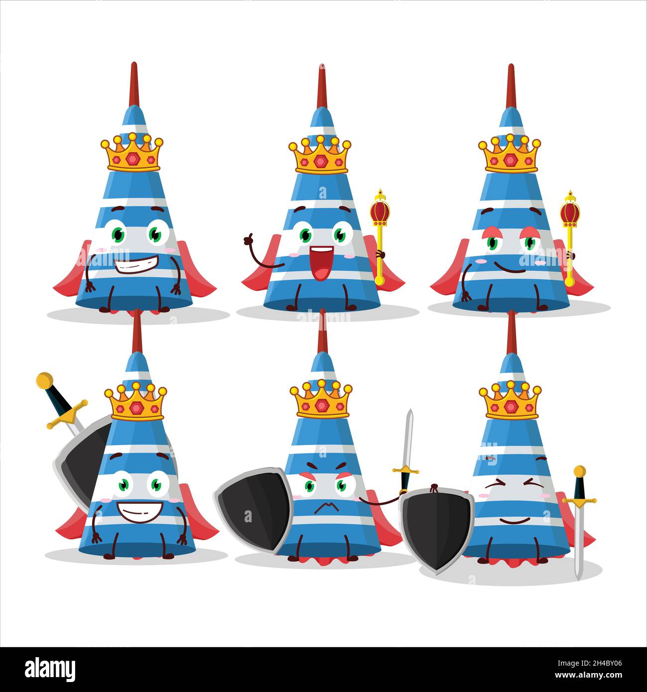 A Charismatic King blue long trumpet cartoon character wearing a gold ...