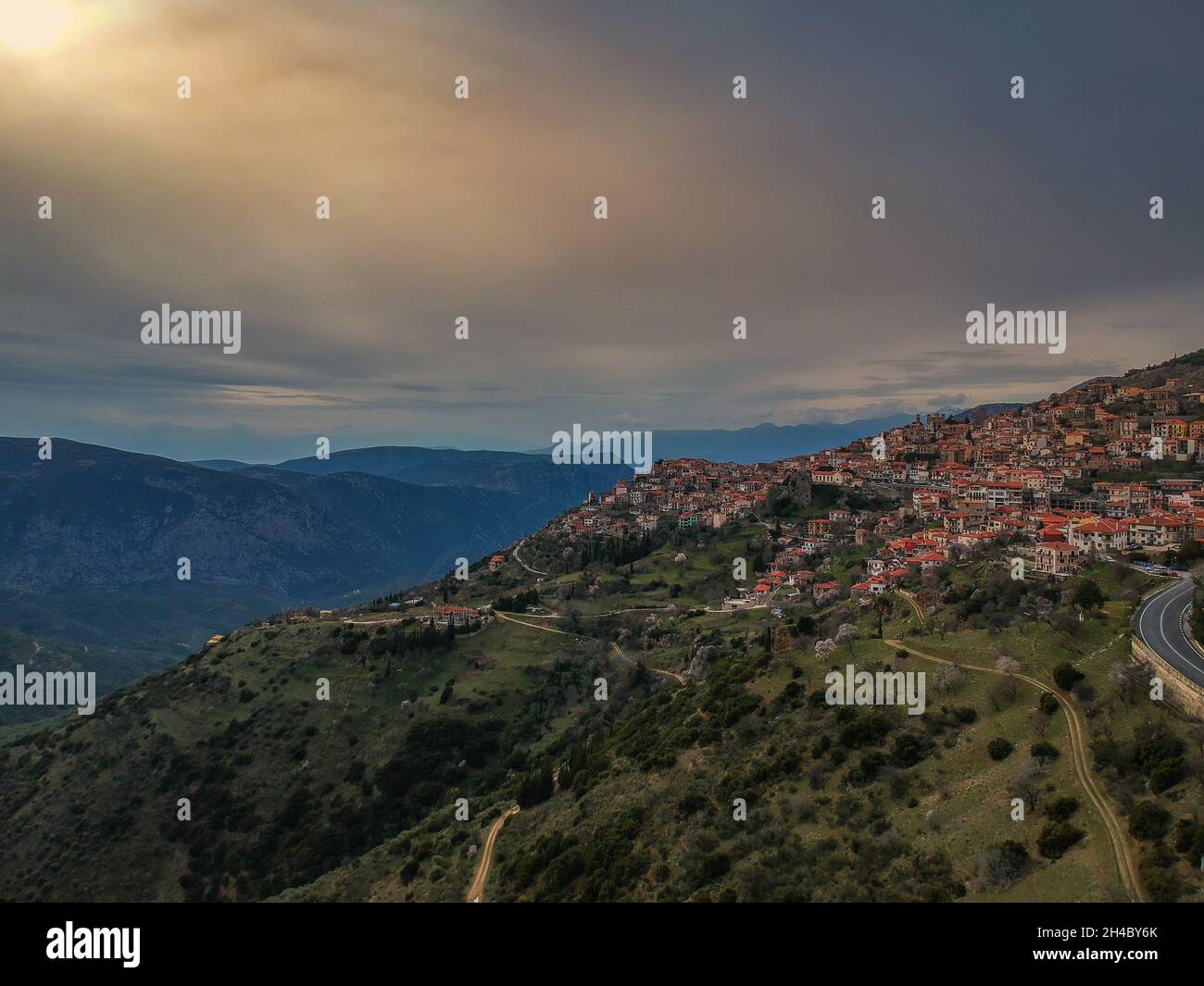Aerial view of the picturesque village of Arachova, Boeotia, Greece ...
