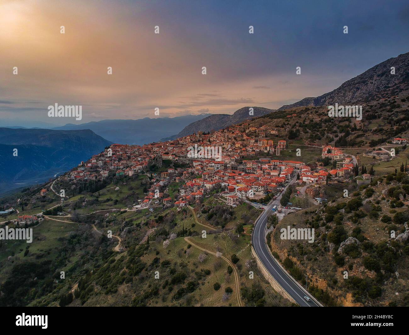 Aerial view of the picturesque village of Arachova, Boeotia, Greece ...