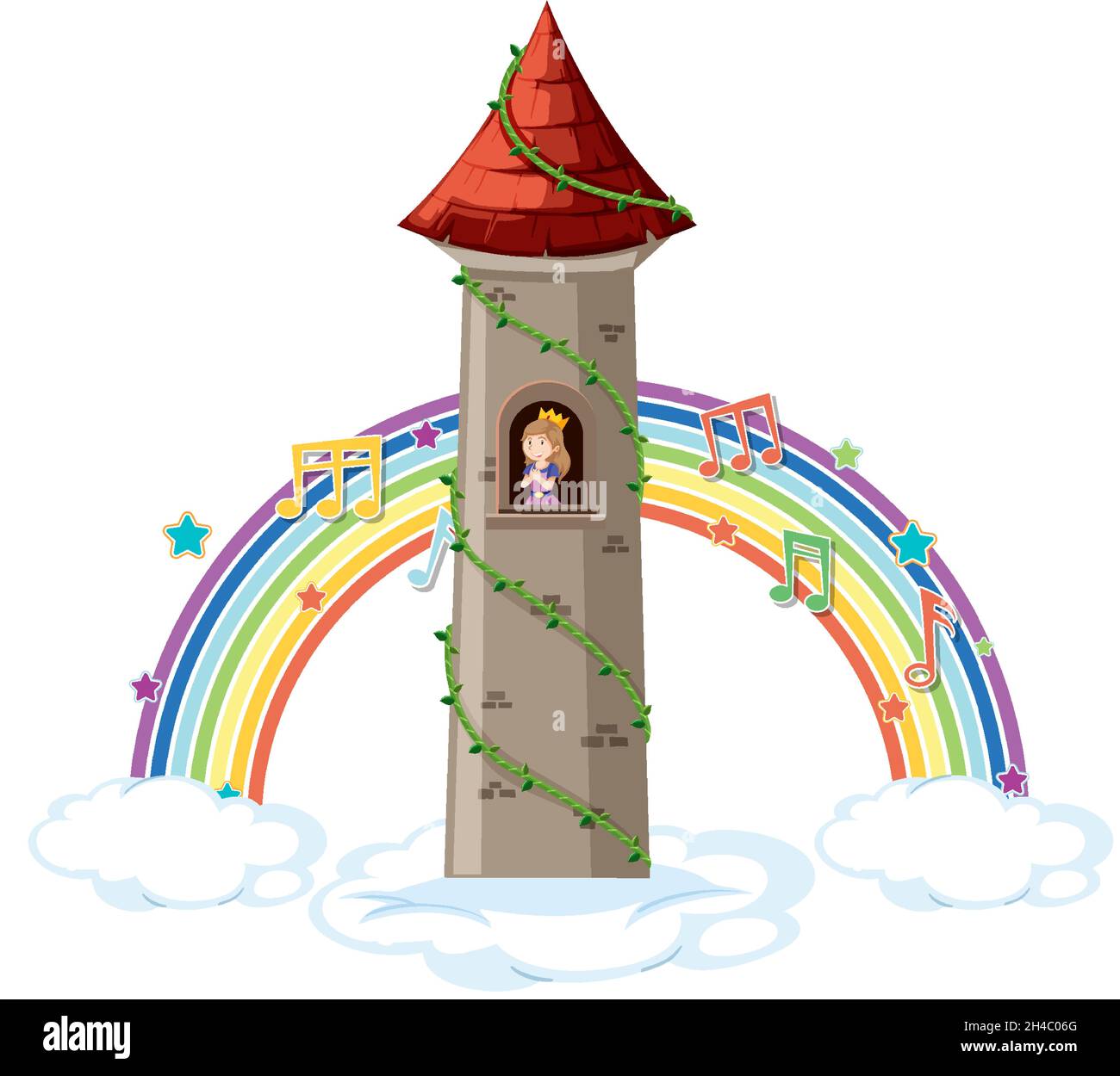 Princess in tower with melody symbol on rainbow illustration Stock ...