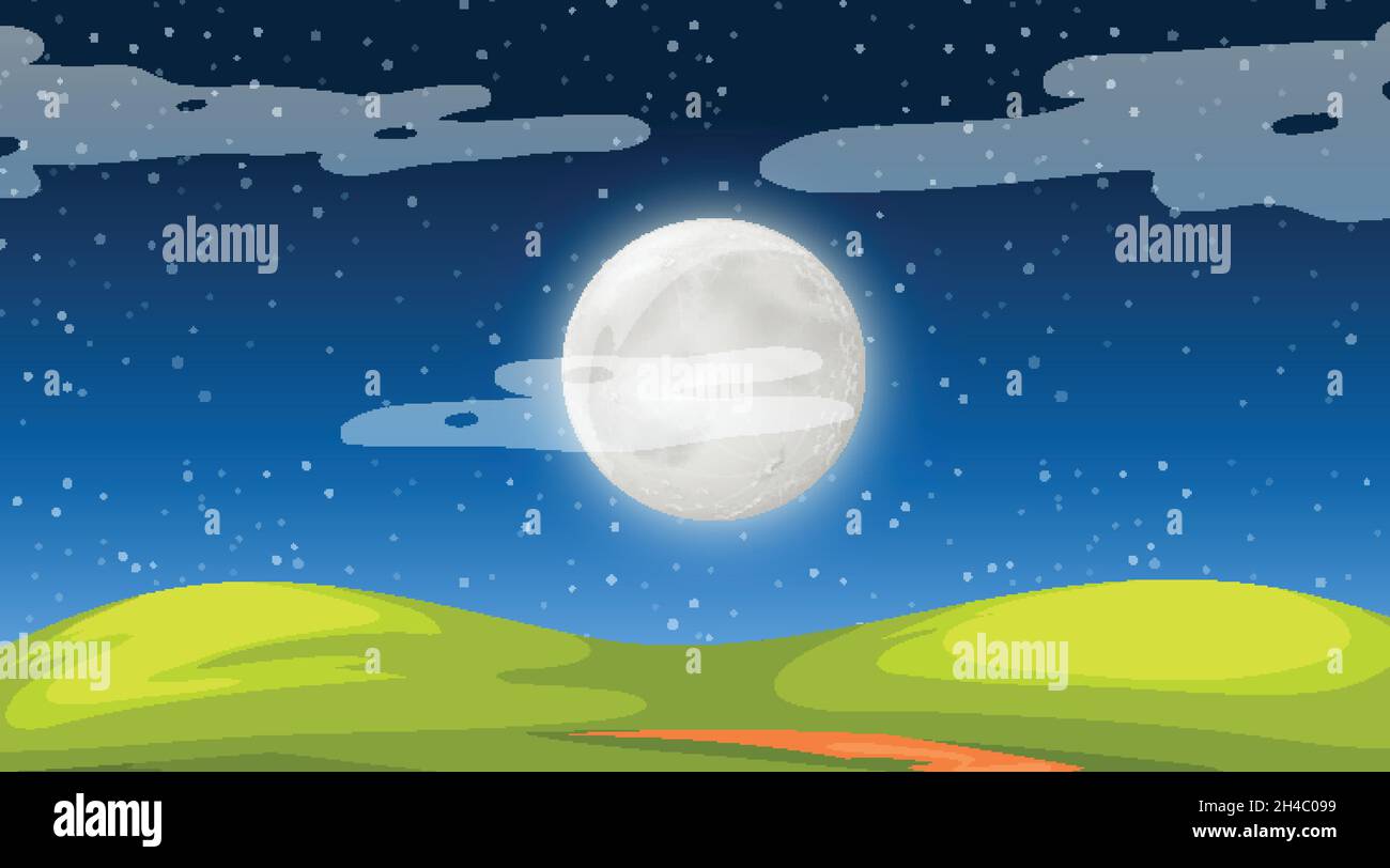 Blank meadow landscape scene at night with super moon illustration ...