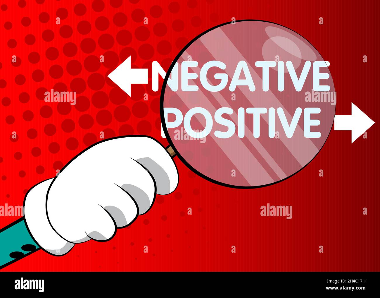Negative, positive text under magnifying glass illustration on red ... Negative, positive text under magnifying glass illustration on red ...