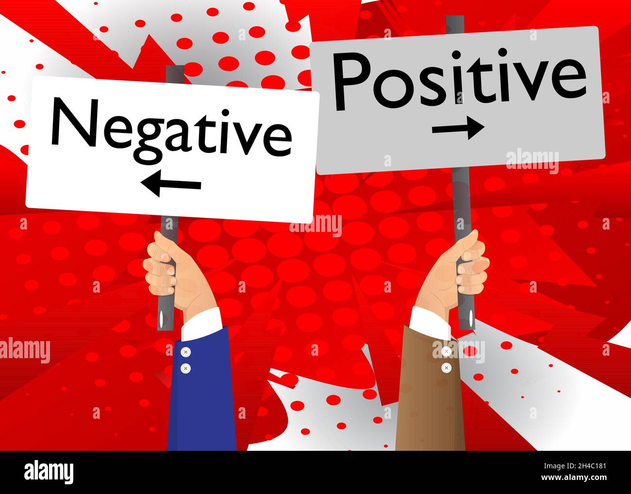 Hand holding up a banner with Negative, positive text. Man showing ...