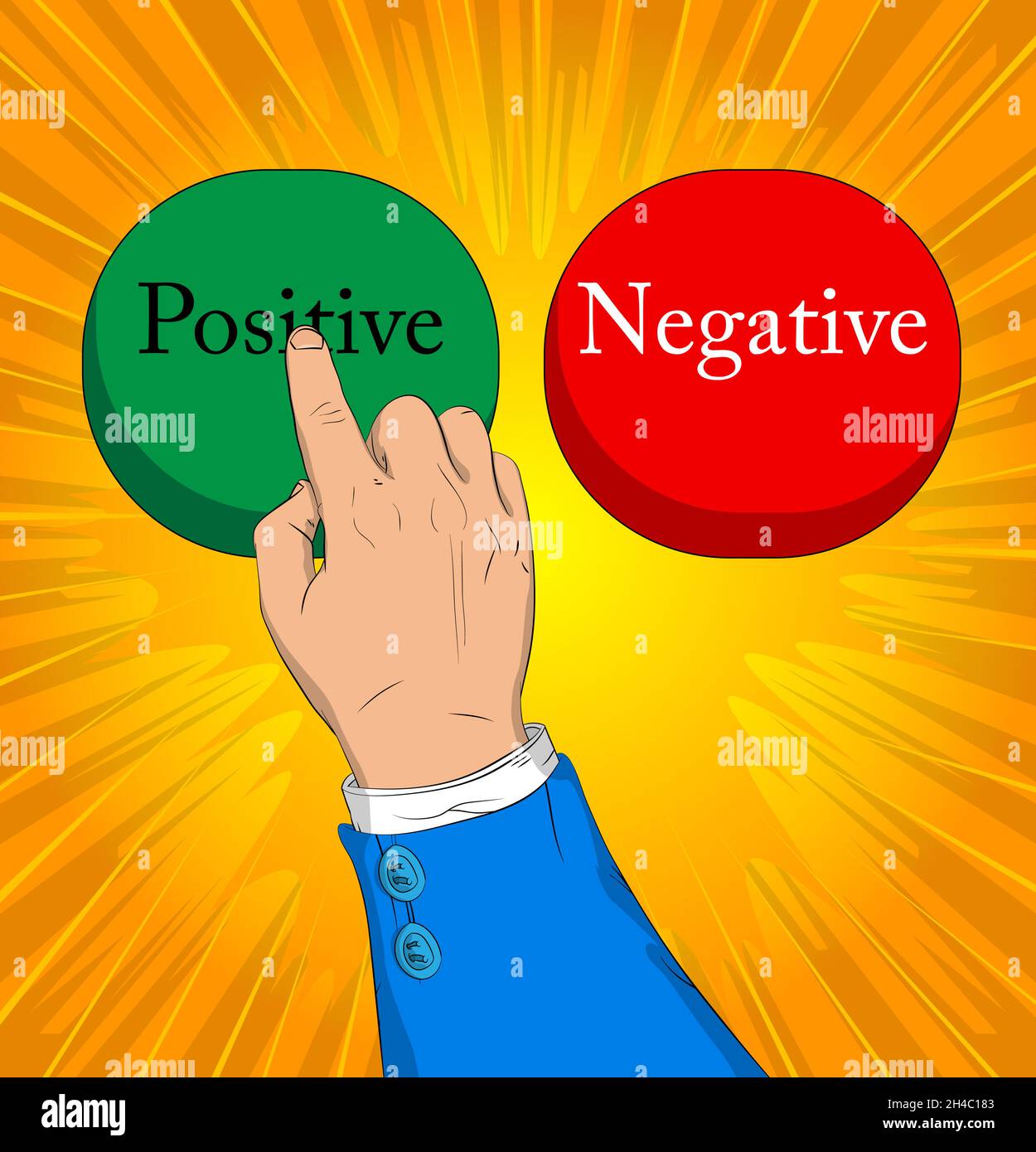 Businessman pushing Negative, positive button with his index finger ...