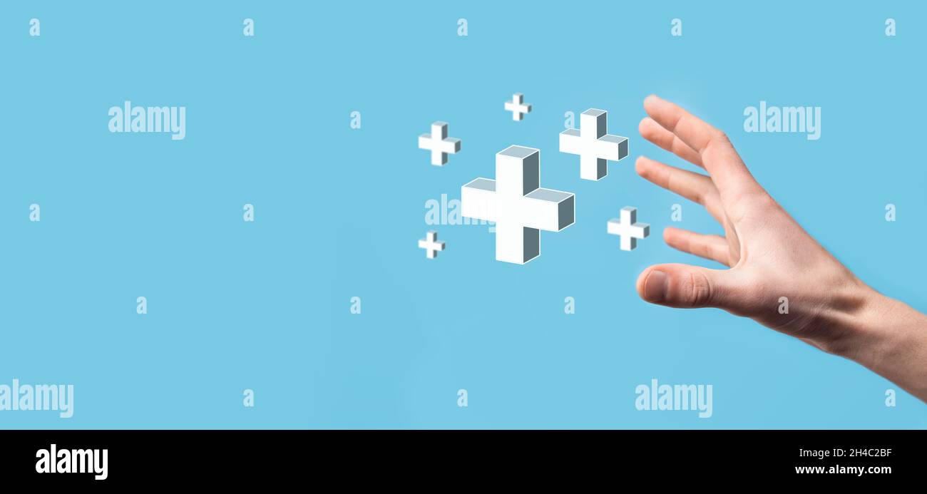 Hand hold 3D plus icon, man hold in hand offer positive thing such as ...