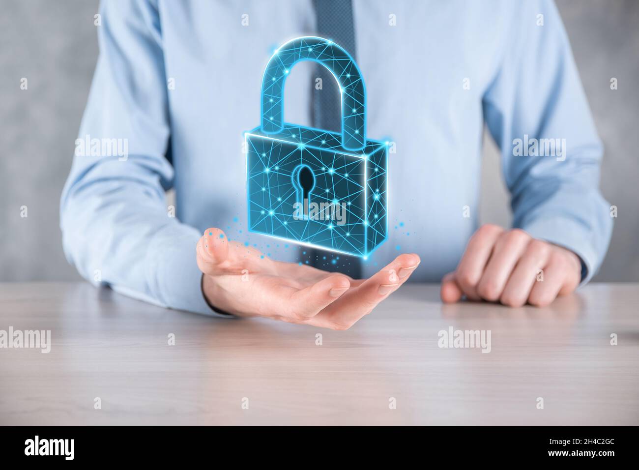 Cyber security network. Padlock icon and internet technology networking. Businessman protecting ...