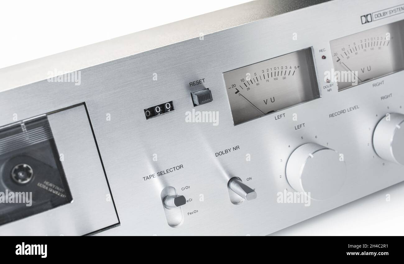 audio tape recorder closeup on white background Stock Photo - Alamy