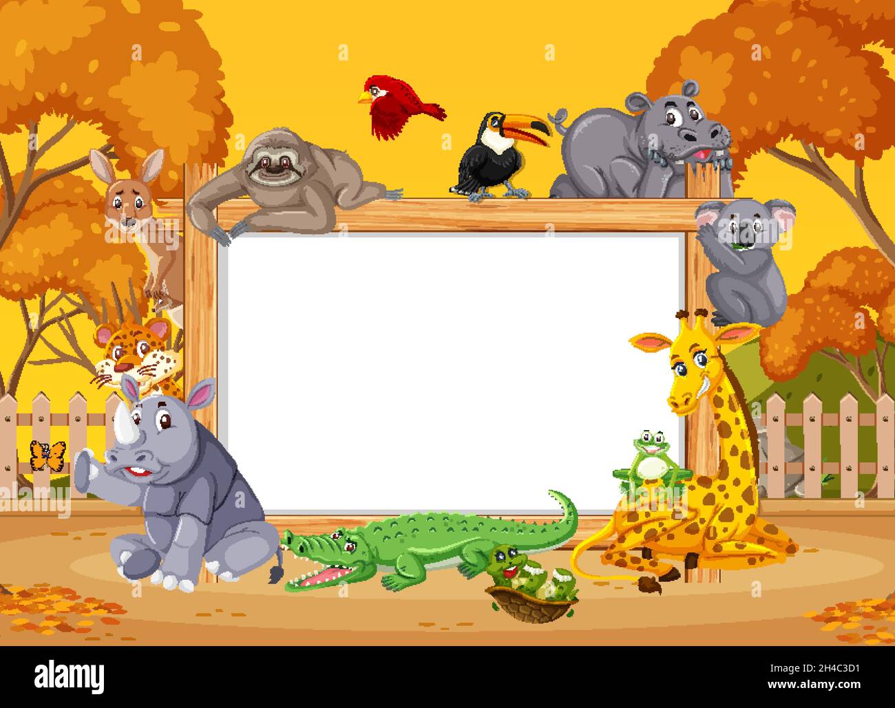 Empty wooden frame with various wild animals in the forest illustration ...