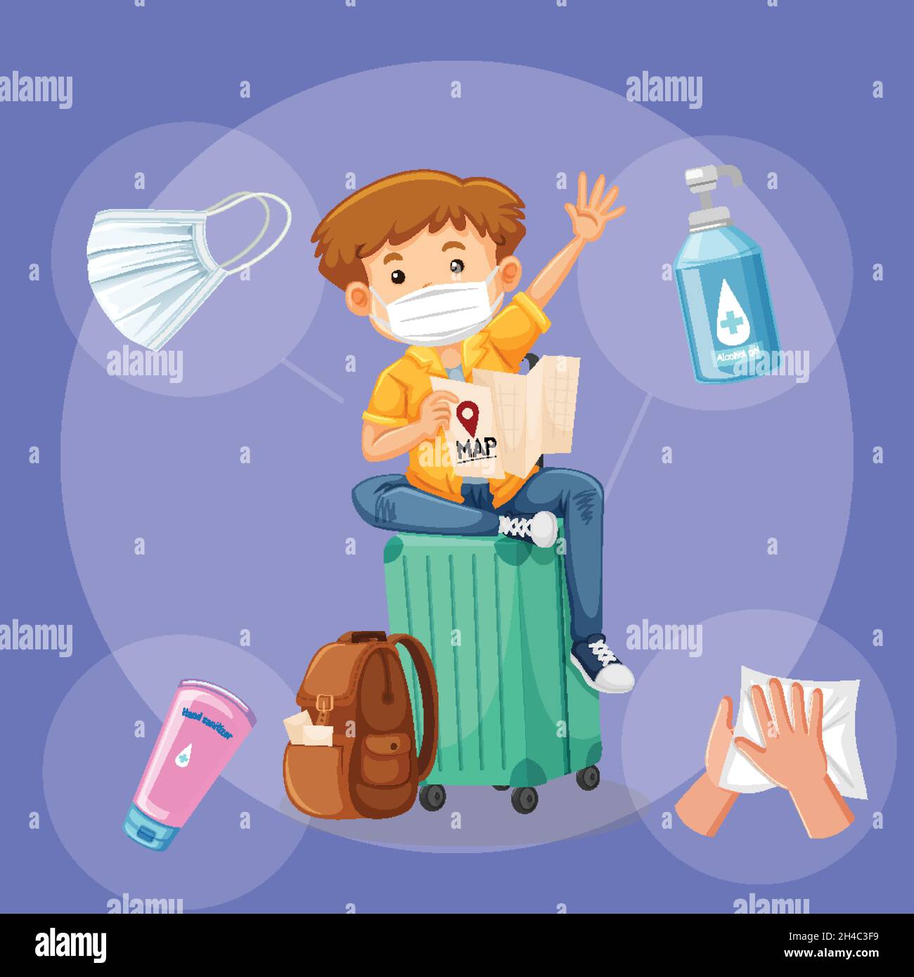 A man travelling cartoon character with covid-19 travel safety kits ...