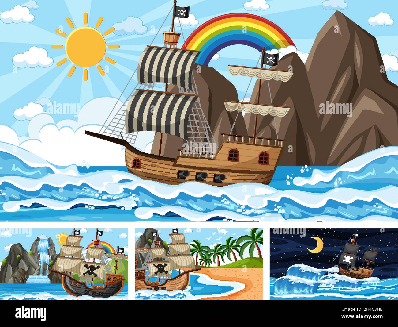 Set of ocean scenes at different times with Pirate ship in cartoon ...