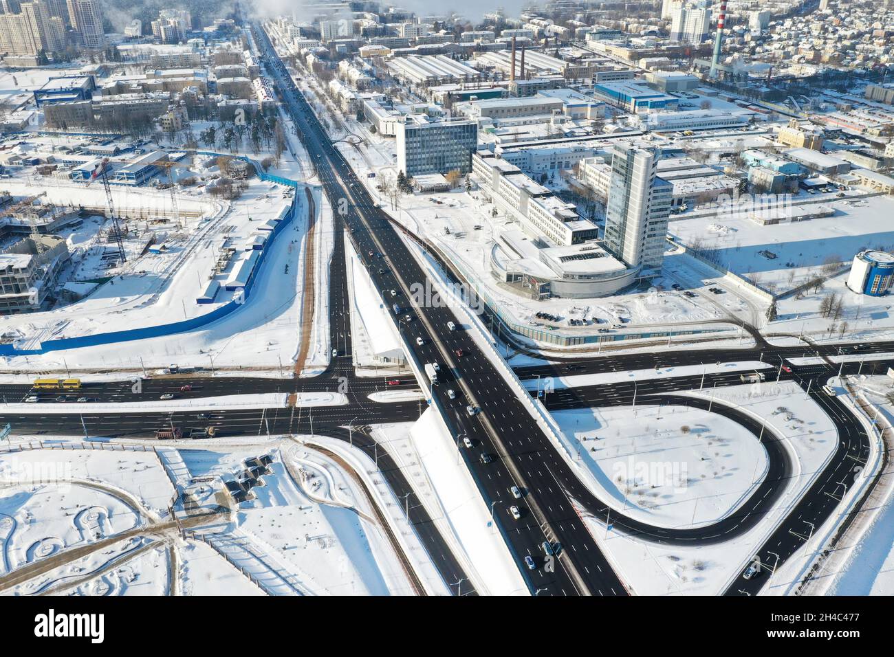Top view of the Winter Independence Avenue in Minsk.View of the ...