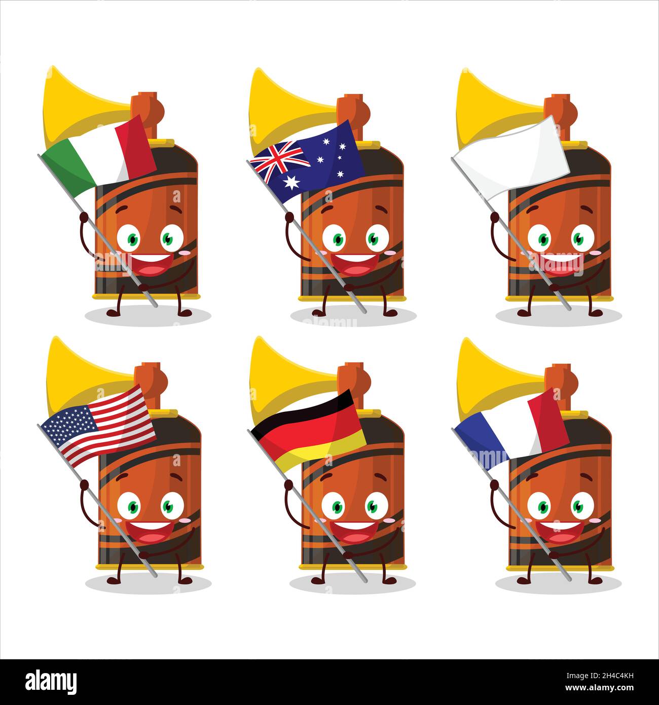 Orange air horn cartoon character bring the flags of various countries ...